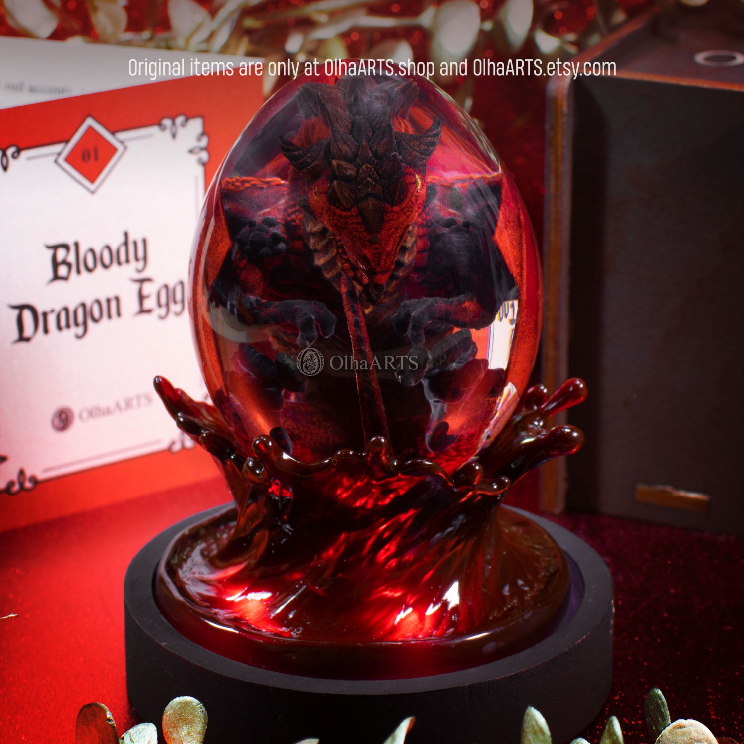 Bloody Dragon Egg with a red baby dragon in epoxy resin egg
